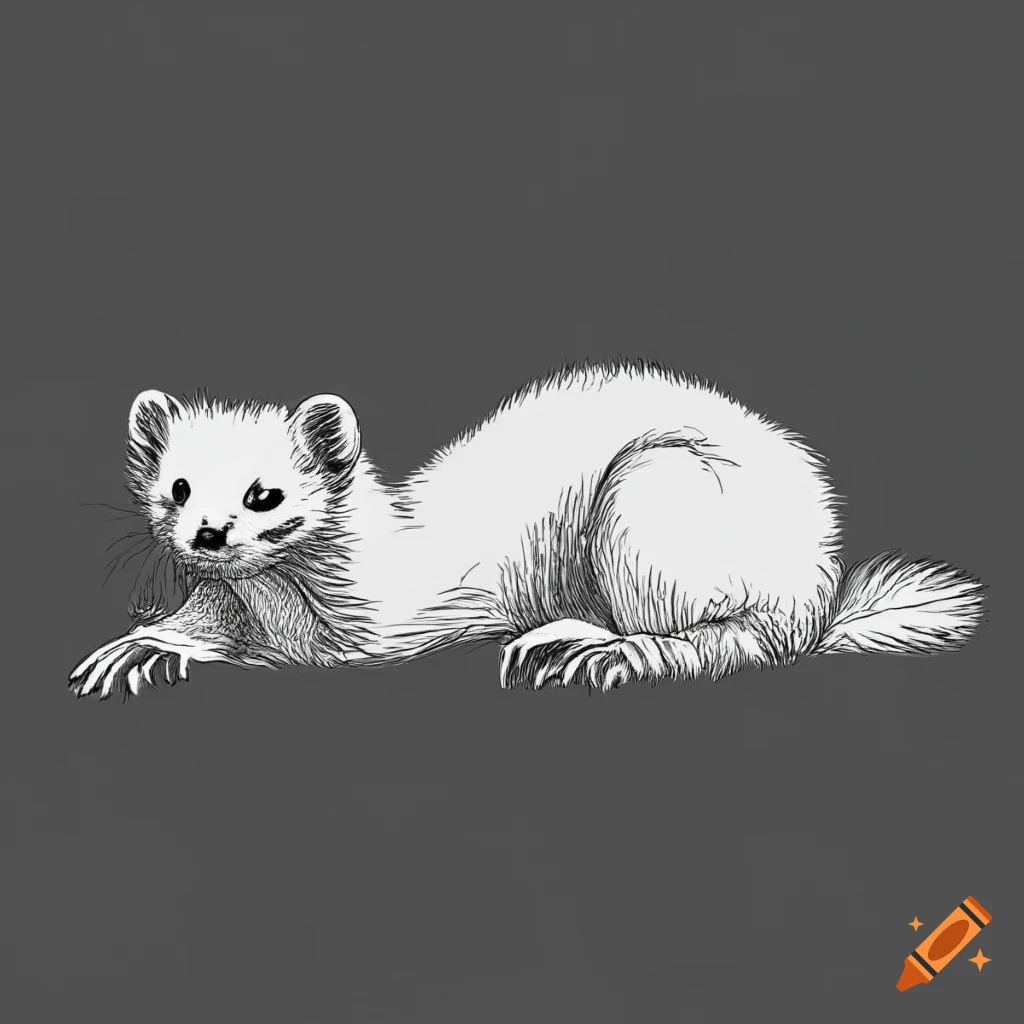 A sleeping white stoat, high quality monochrome simplistic drawing ...