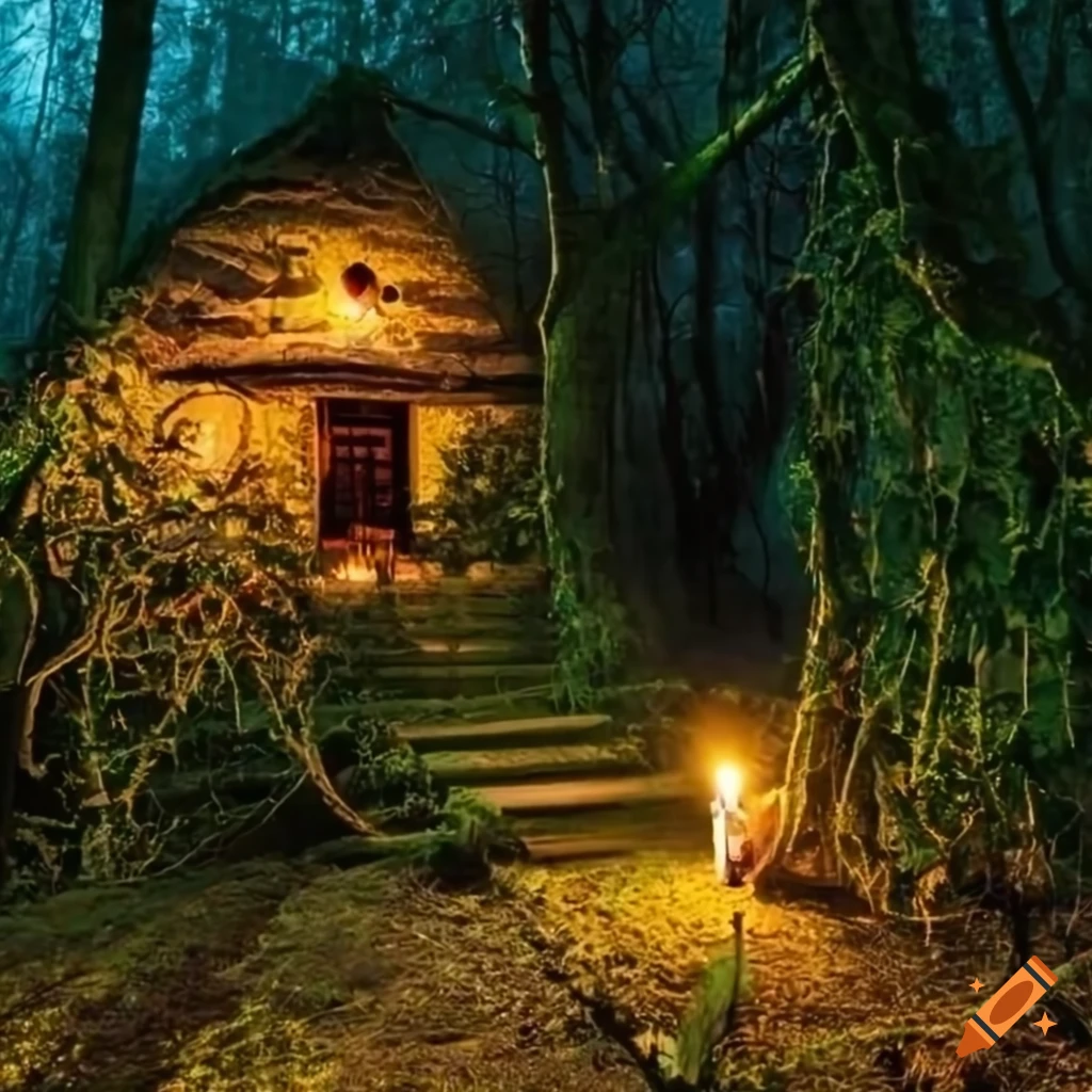 A witches cottage covered in vines at night in the forest with the moon ...