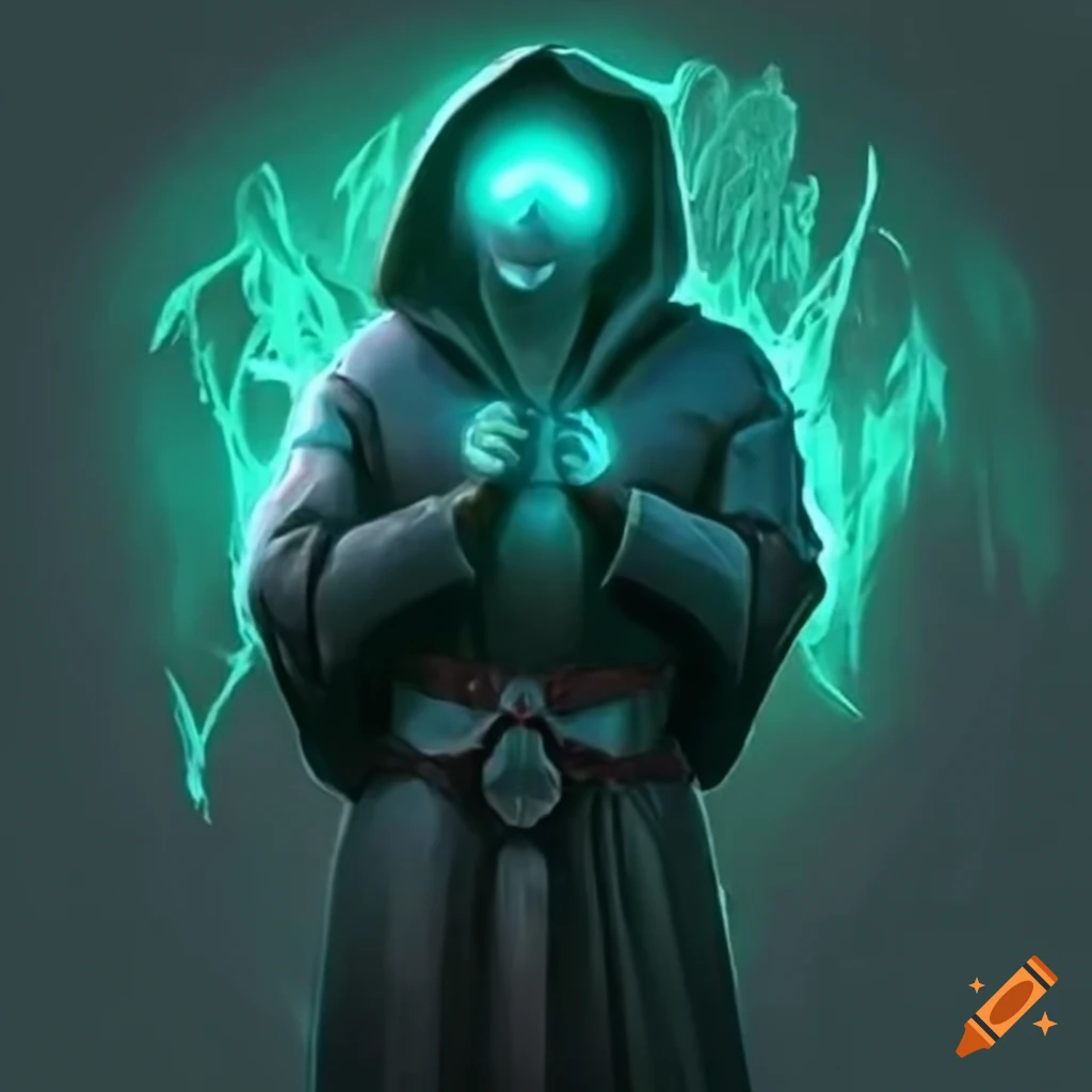 Simple grey robes dungeon master glowing magic blank face full body
