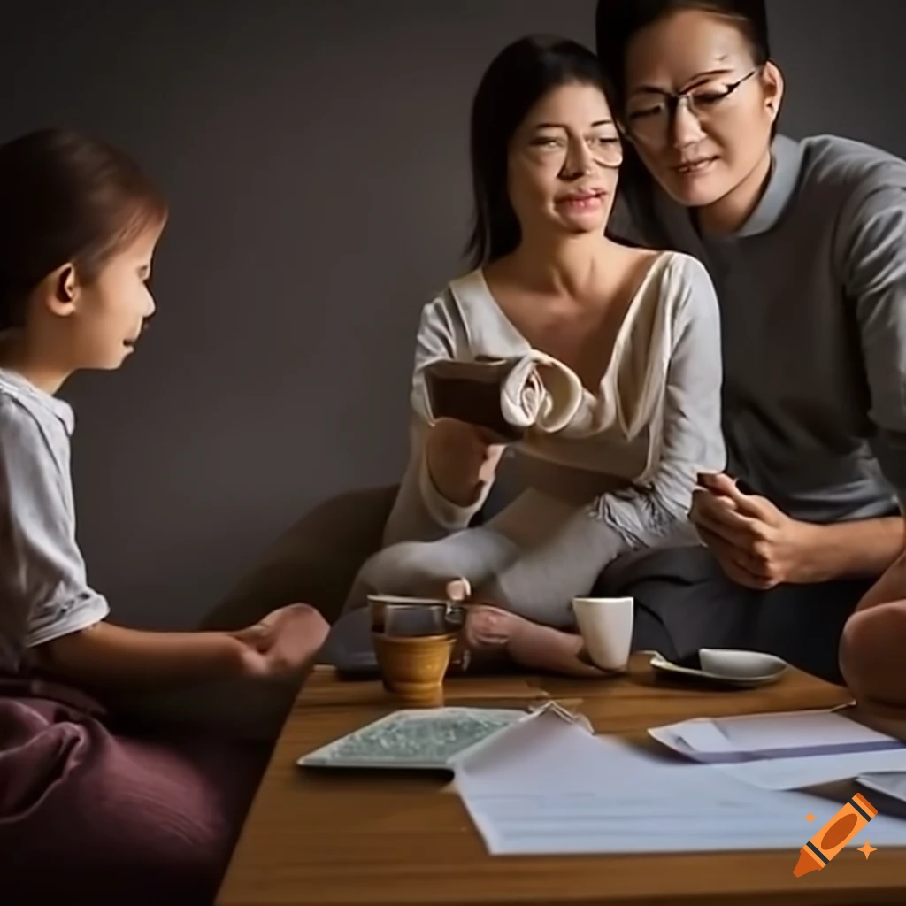 Family discussing finances over tea and financial sheets