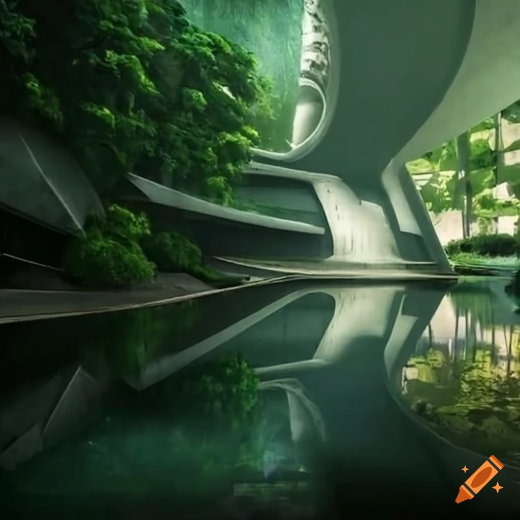 Futuristic concrete building embedded in a jungle