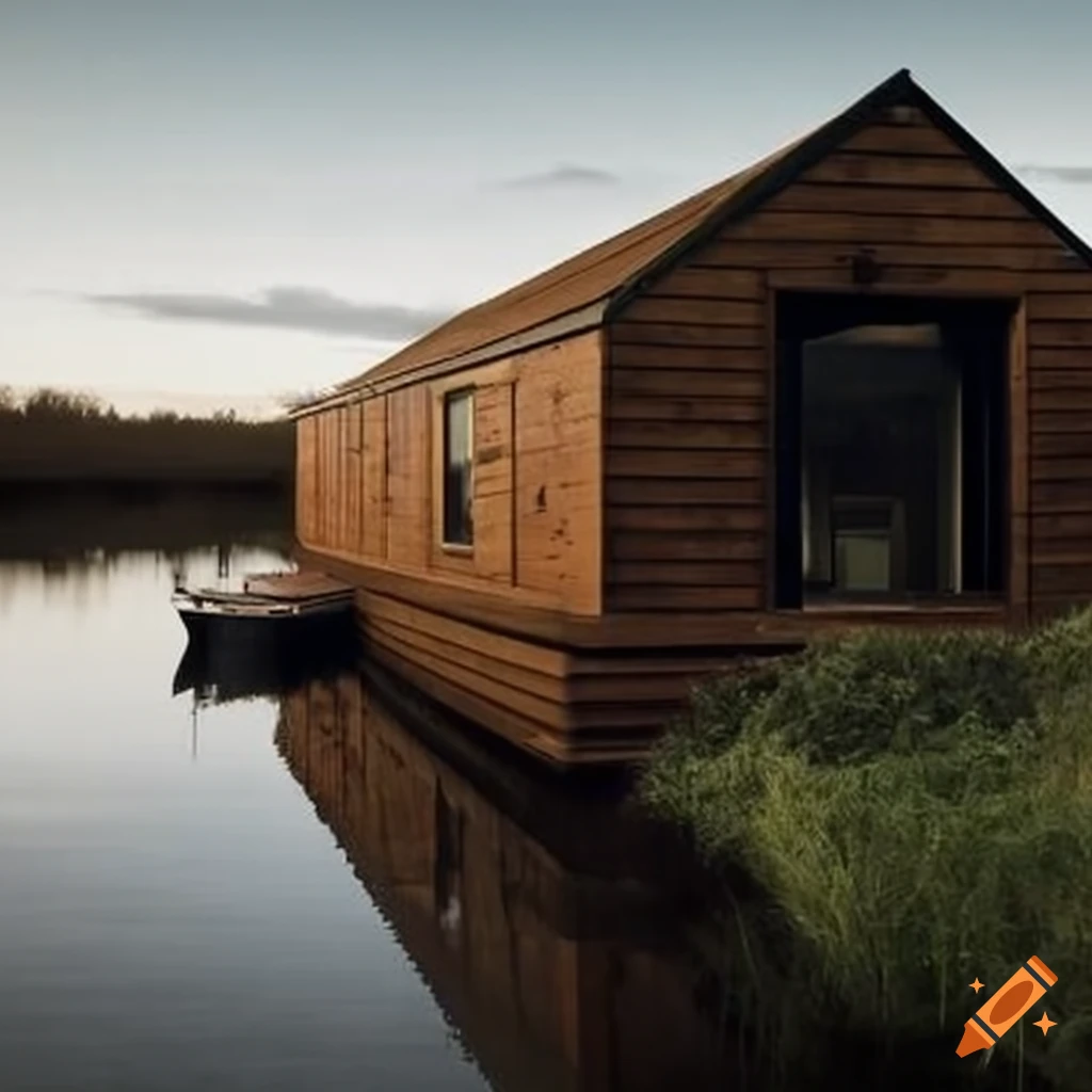 Modern timber house boats in a british wetland