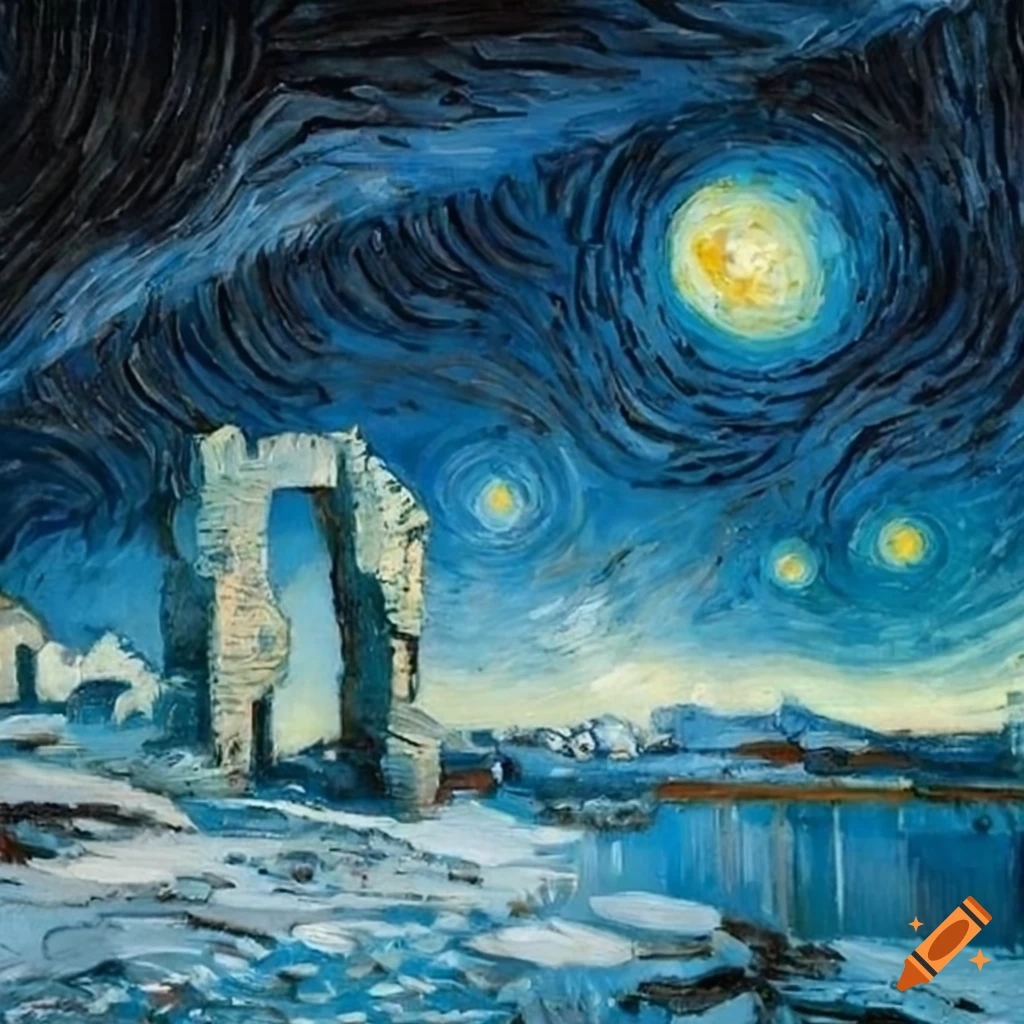 Frozen ruins on the surface of an icy planet with a starry sky, painted ...