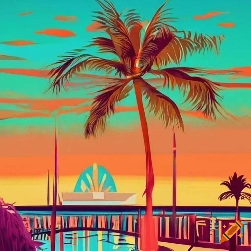 Vintage 50's art deco florida bay scene post card style