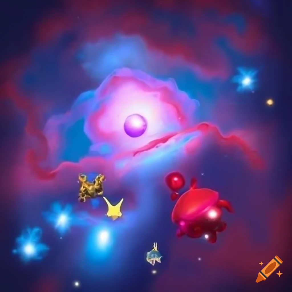 Pillars of creation nebula in the style of super mario galaxy