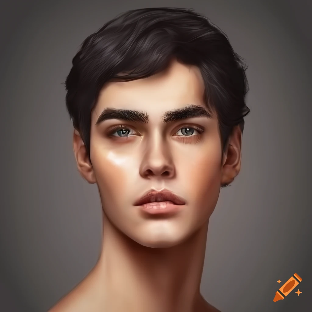 Photorealistic portrait of a handsome young man with dark hair, sharp ...