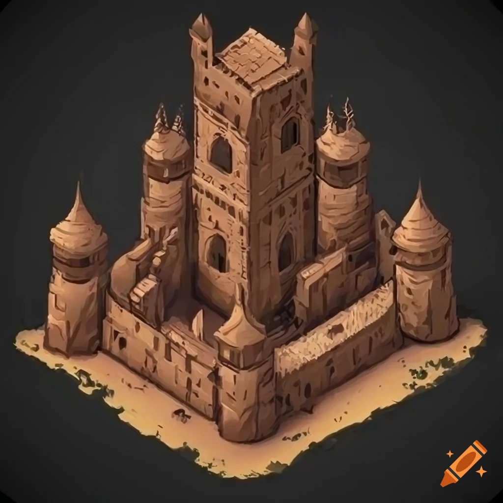 Sandstone rpg isometric tilesmap castle towers black background