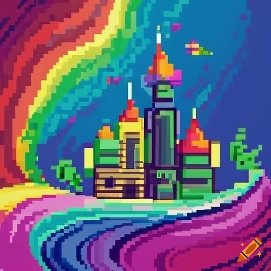 A beautiful colorful world super colorful like rainbow, pixel art