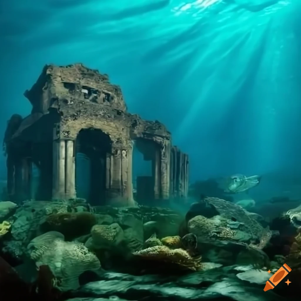 Underwater scene with roman ruins, plane wreckage and marine life on ...