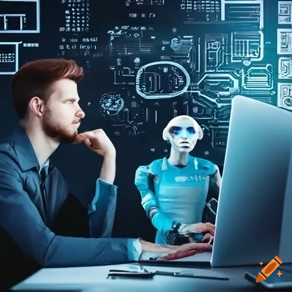 People and computer discussing artificial intelligence development on ...