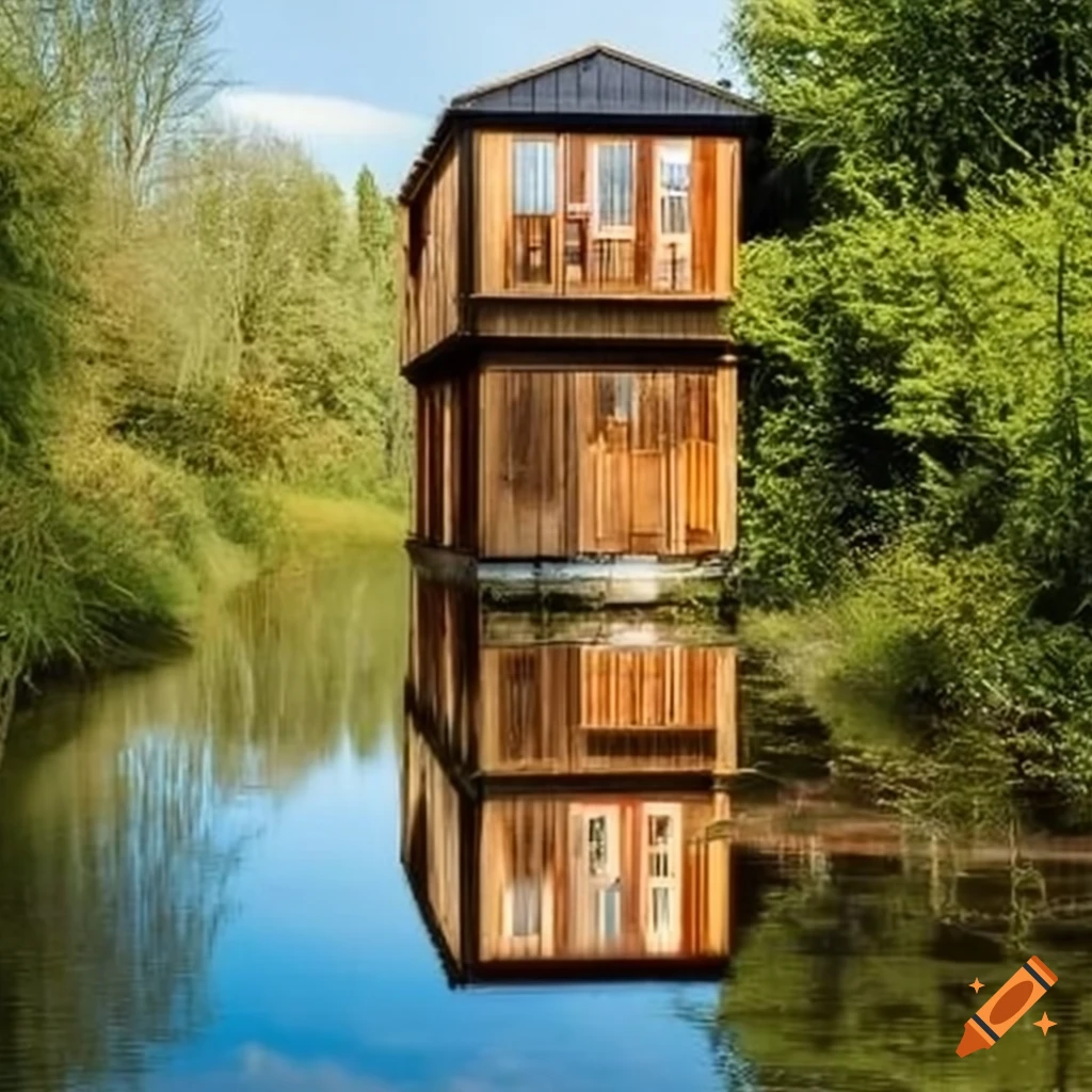 Modern timber small houses on a bridge in an english wetland in summer ...