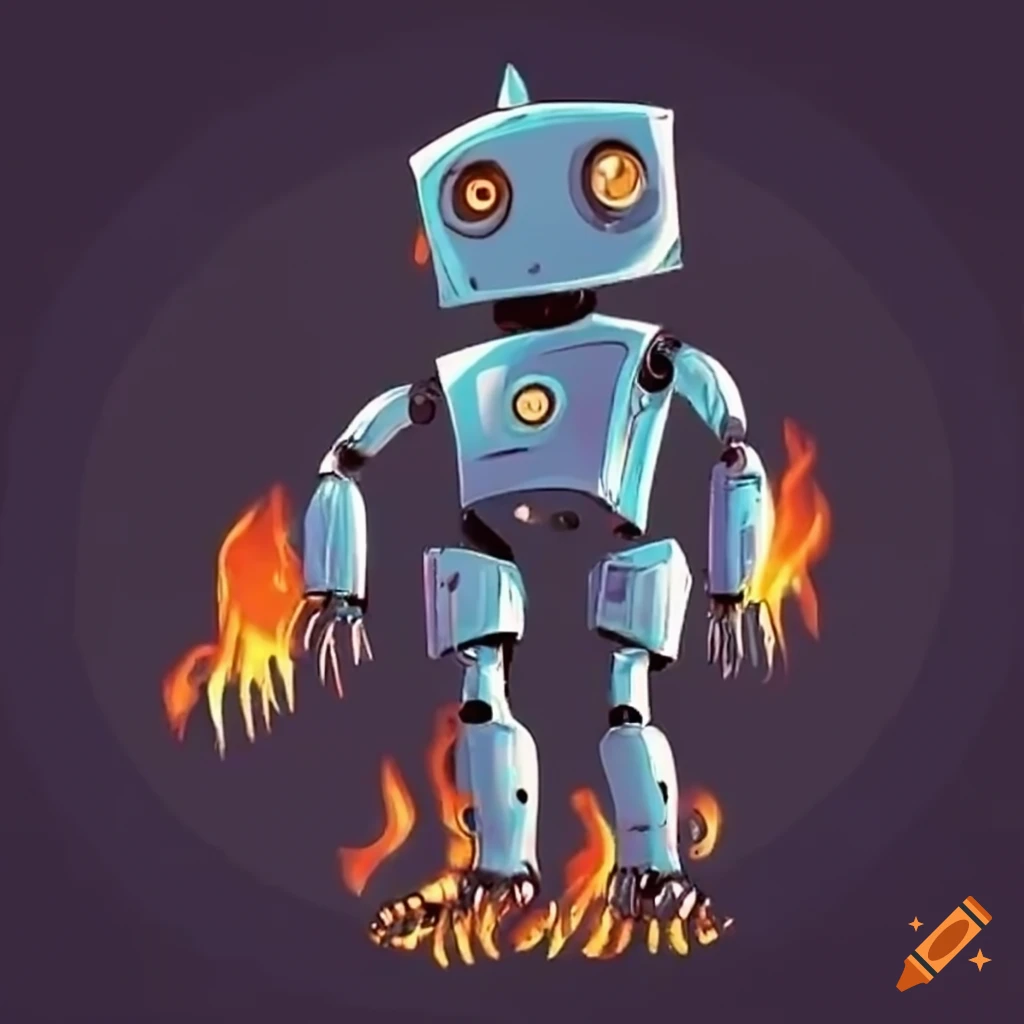 A comical robot with burning feet on Craiyon