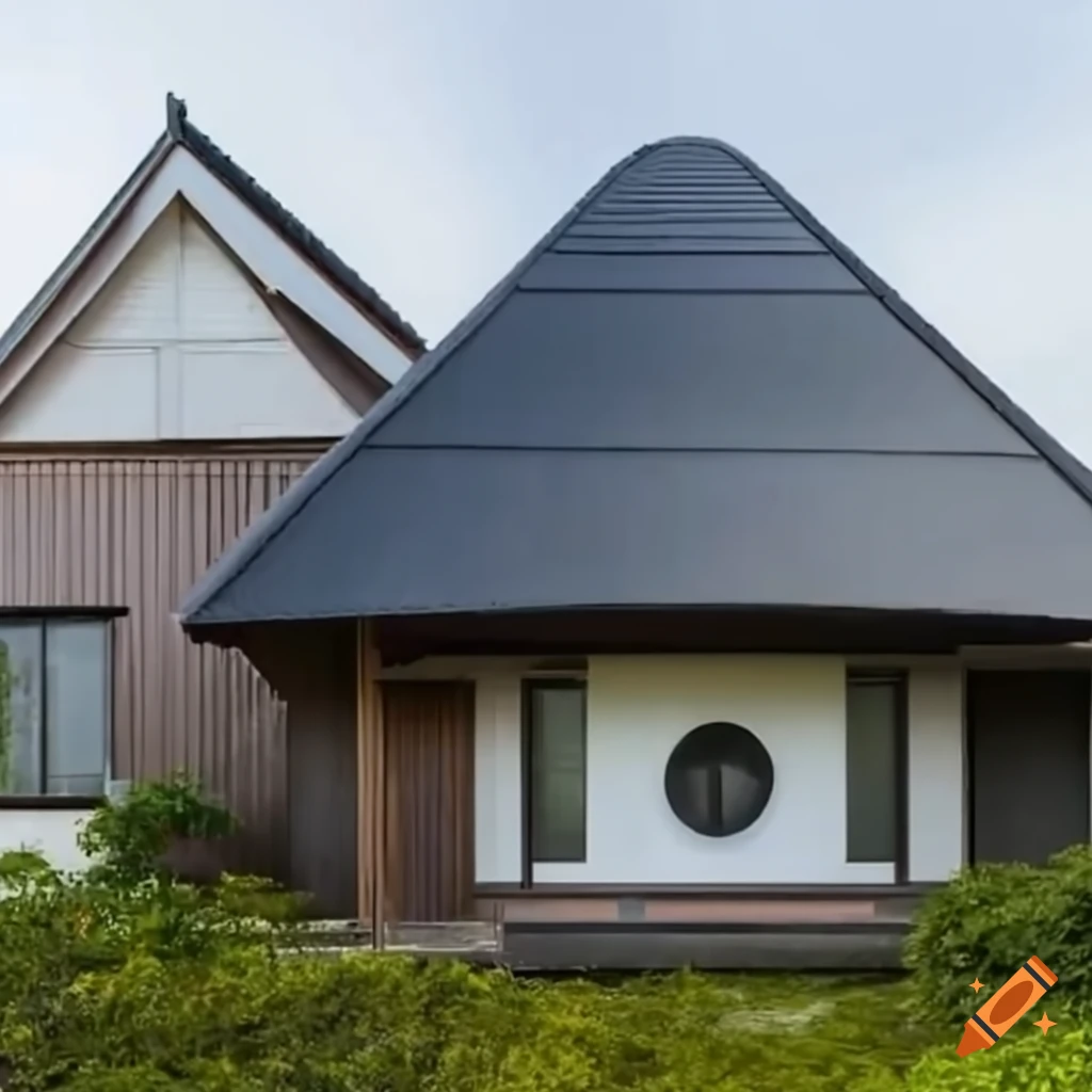 A long one-storey house in Japandi style with a round window. the house ...