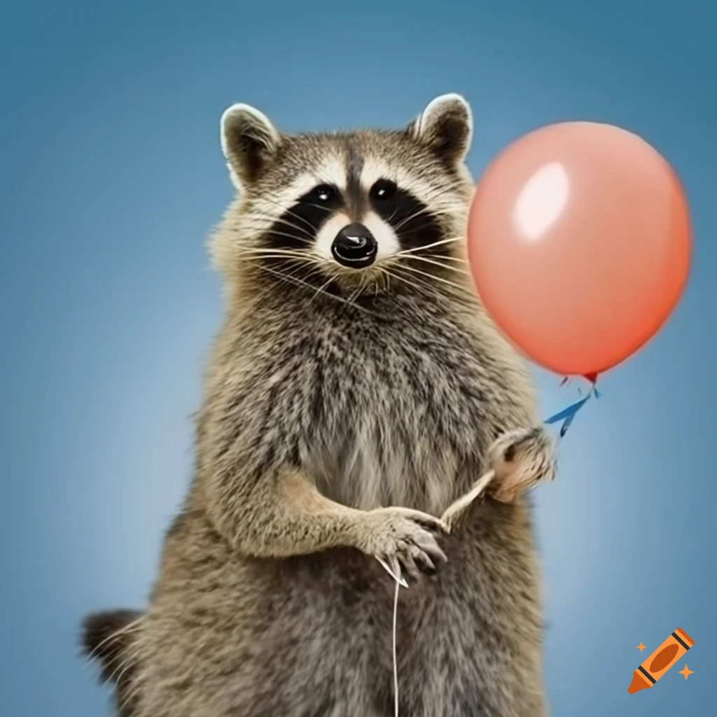 A raccoon holding a balloon with paws, under the blue sky