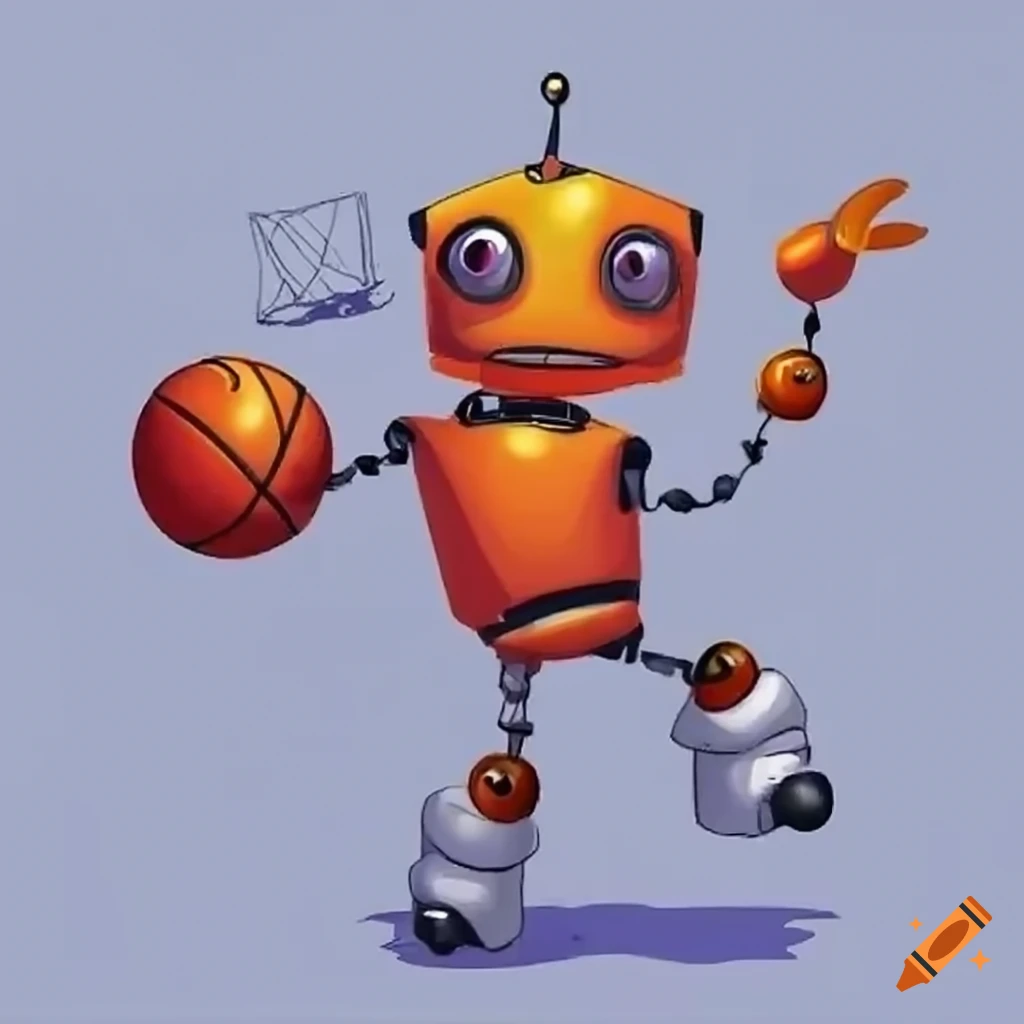Funny cartoon robot playing basketball