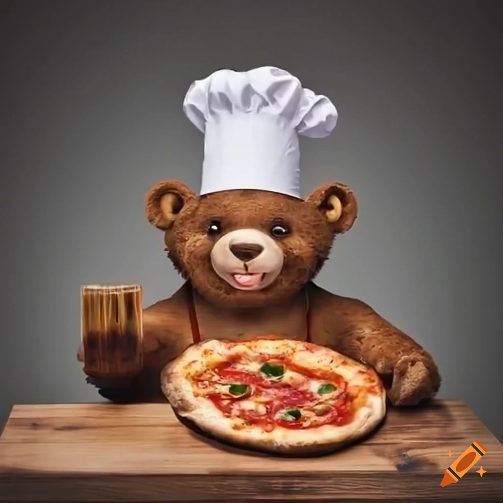 A chef bear cooking pizza on a wooden board