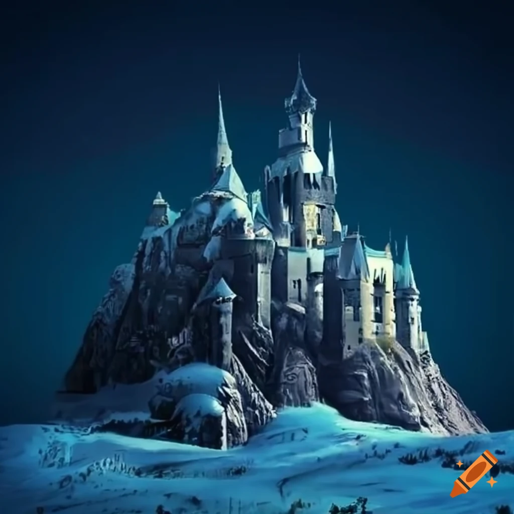 Steampunk castle on top of snowy mountain on Craiyon