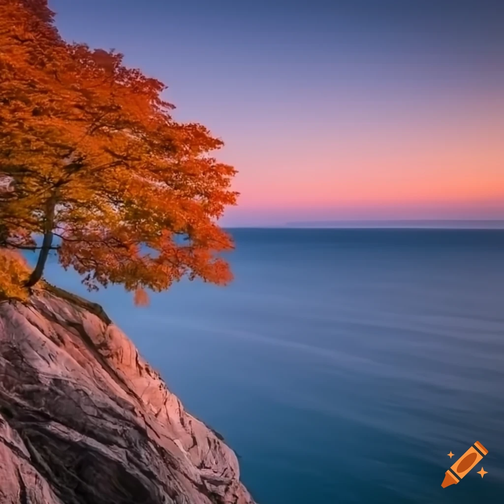 A maple tree on cliff peak overlooking the sea at sunset on Craiyon