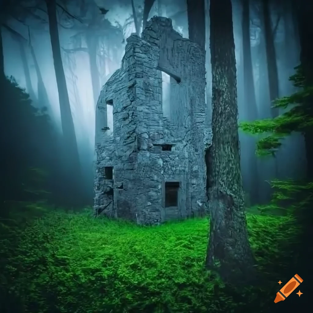 Dark overcast forest on a habitable exoplanet. an old stone ruin can be ...