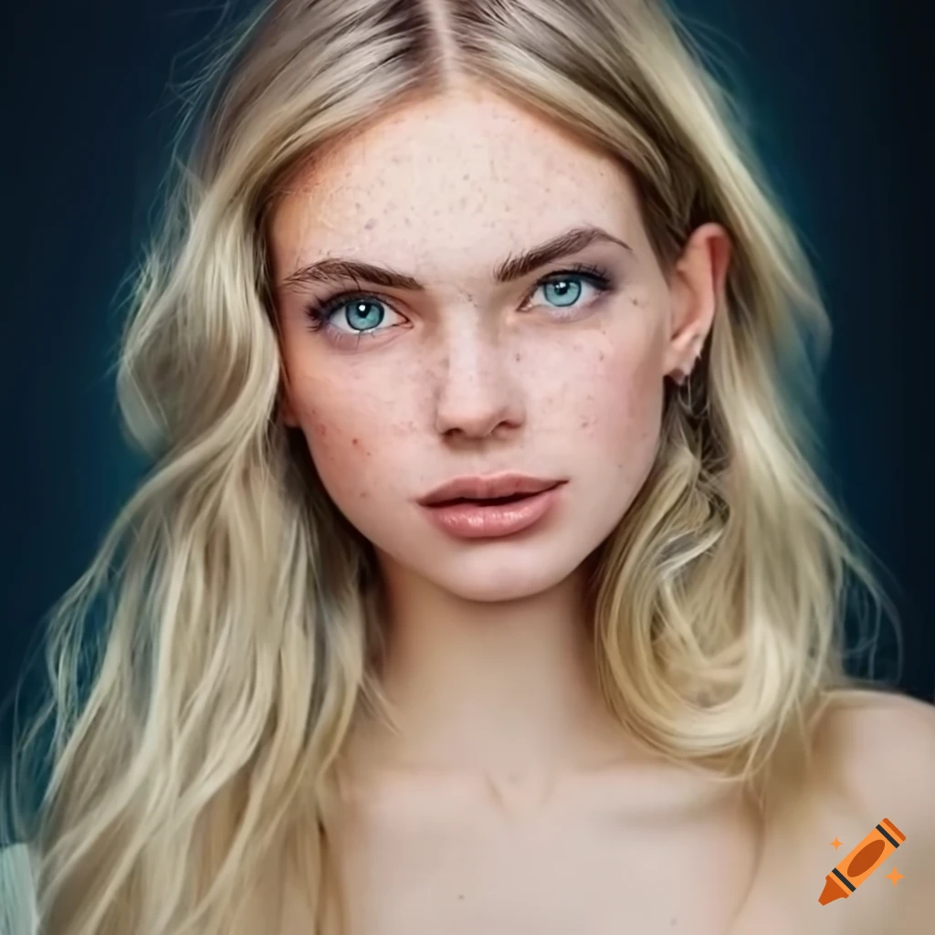 Beautiful young woman shoulder-length blonde hair very light freckles on Craiyon