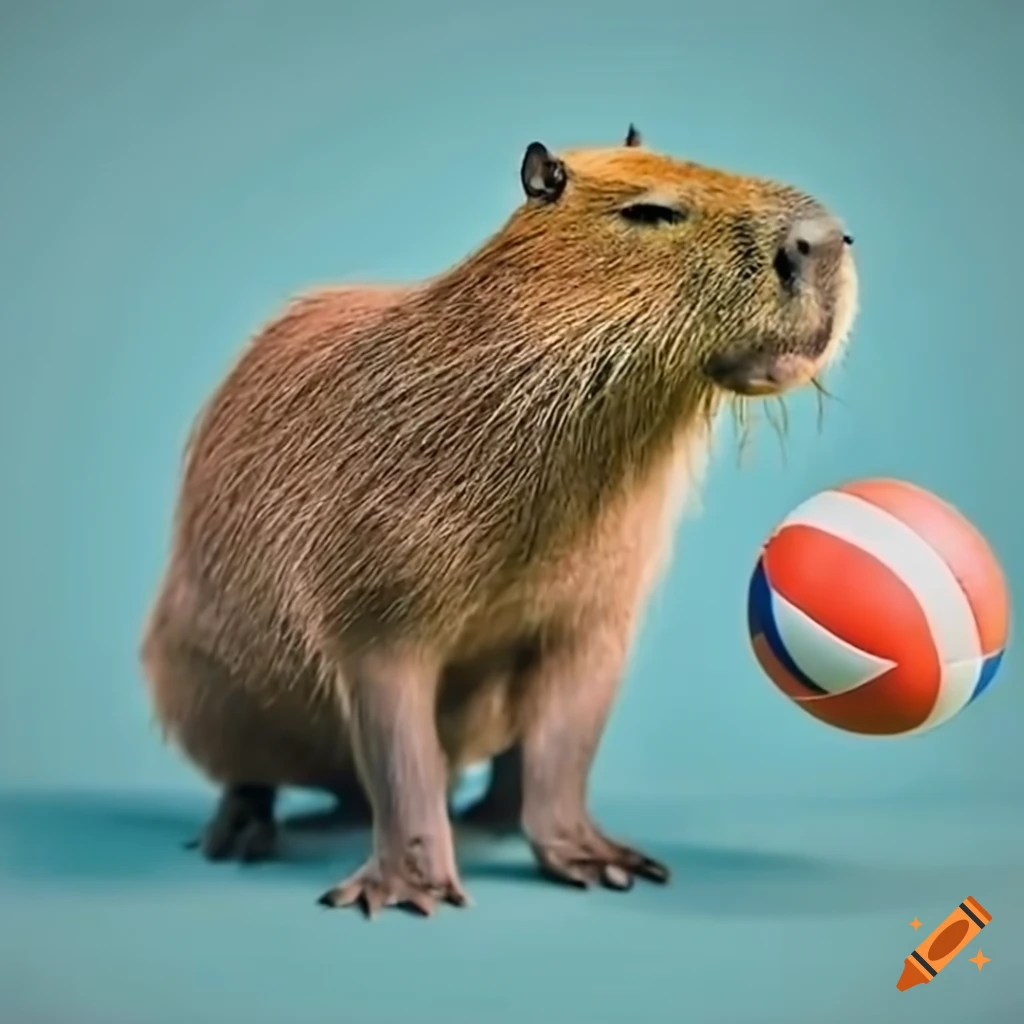 Capybara staying near volleyball ball smiling puting one hand on the ball