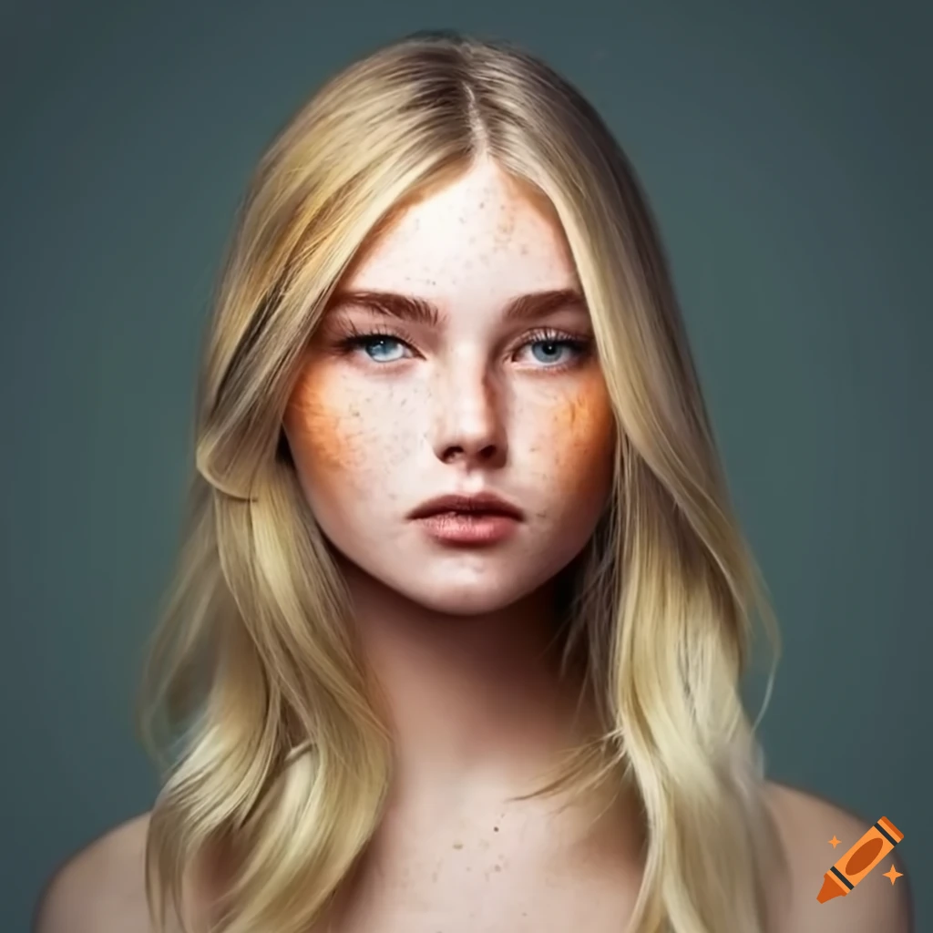 Beautiful young woman shoulder-length blonde hair very light freckles