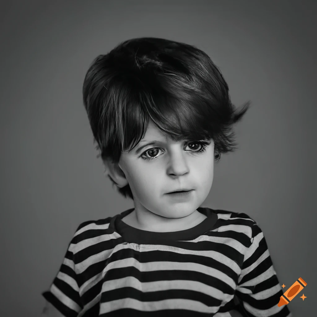 Male child with black hair and black and white horizontal striped shirt ...