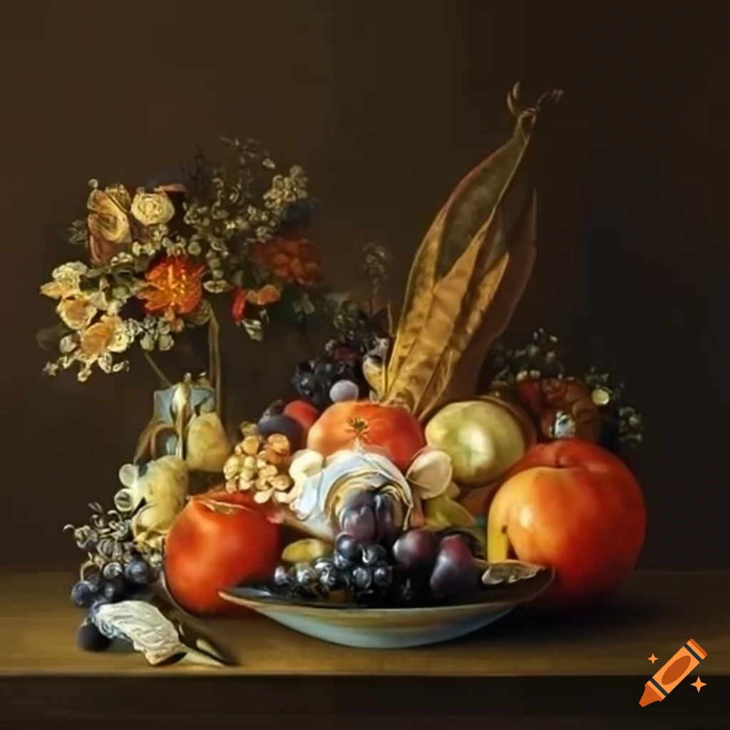 A bowl or arrangement of luscious and opulent floral, fruit and ...