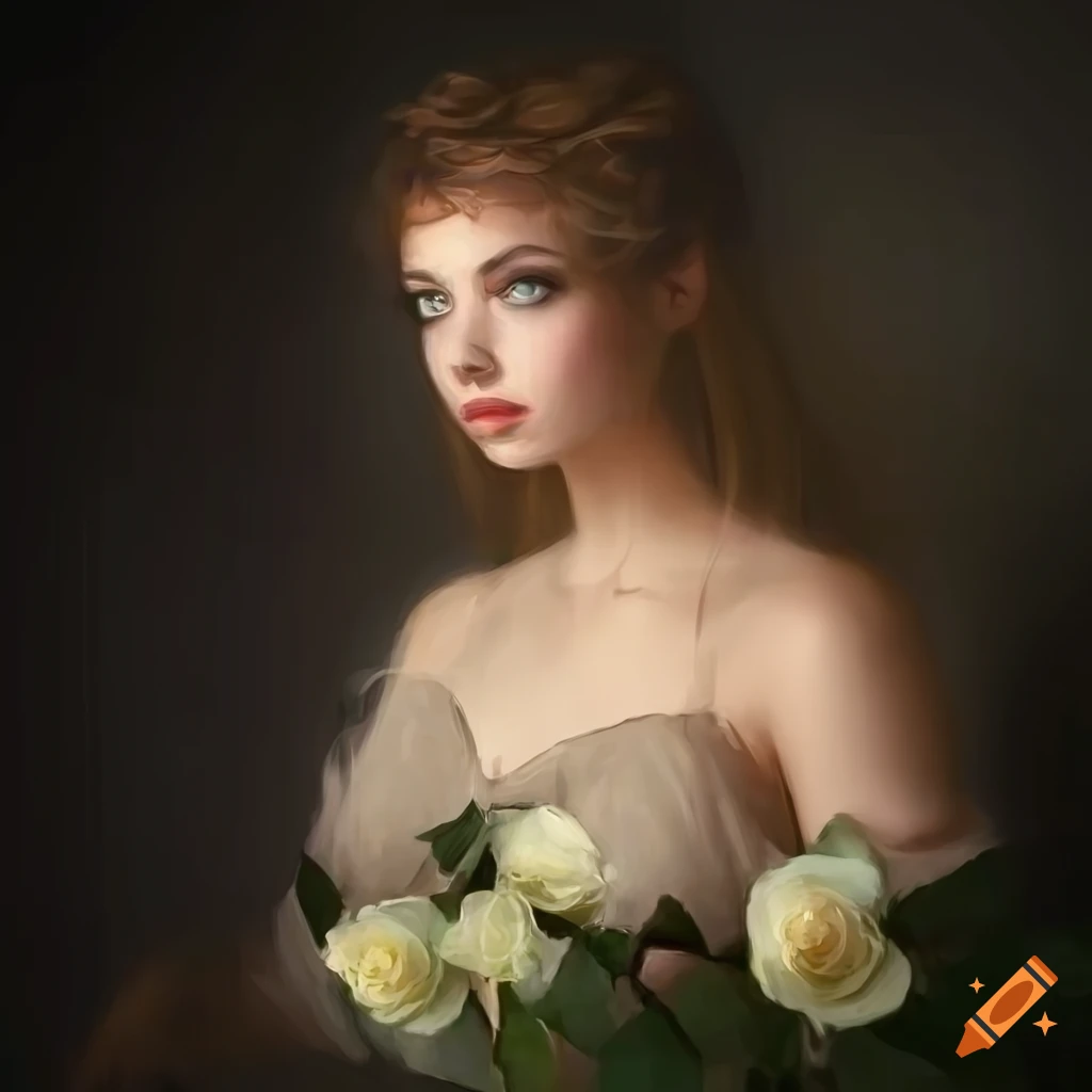 Portrait of woman with white roses, staring at her reflection