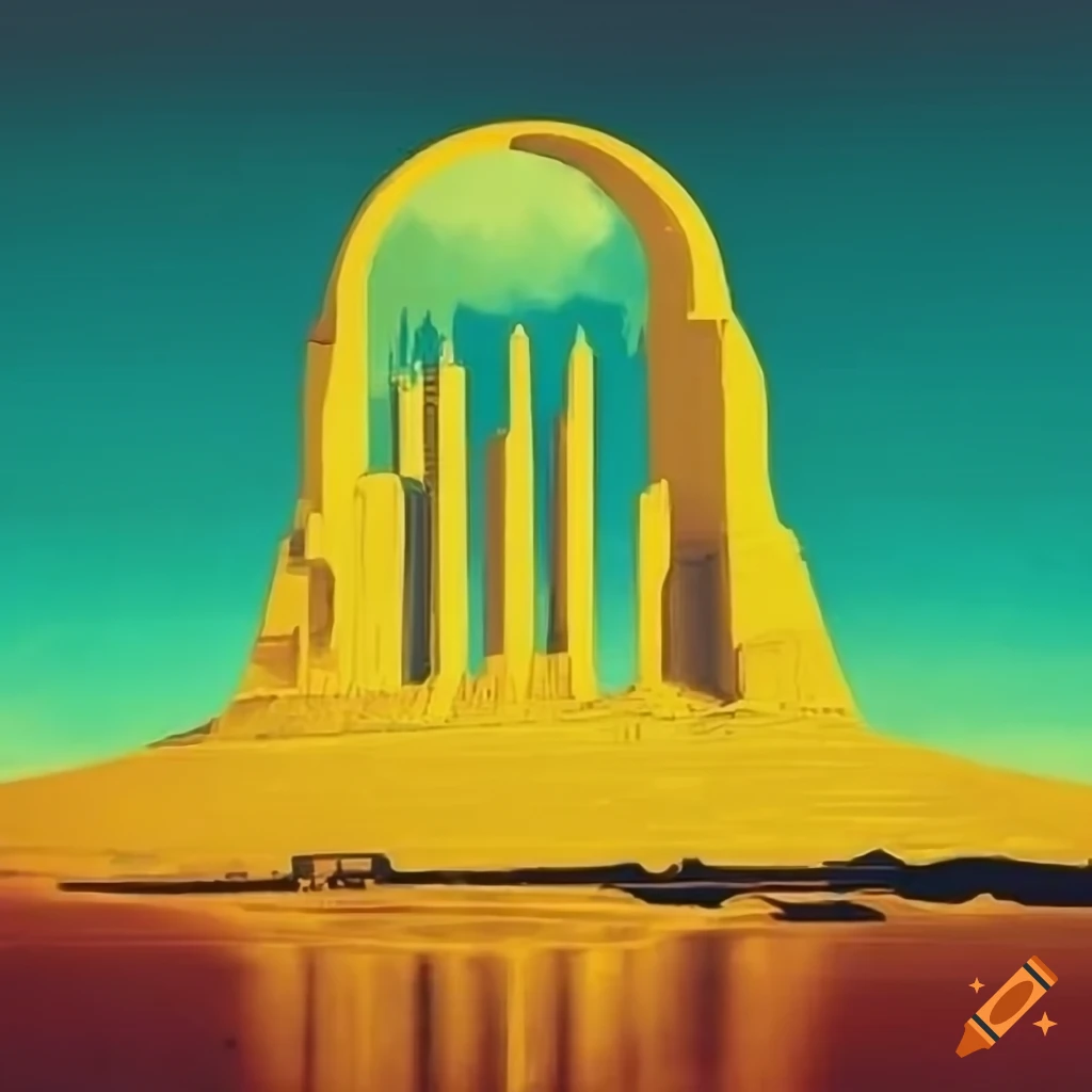 70s sci fi monument yellow art on Craiyon