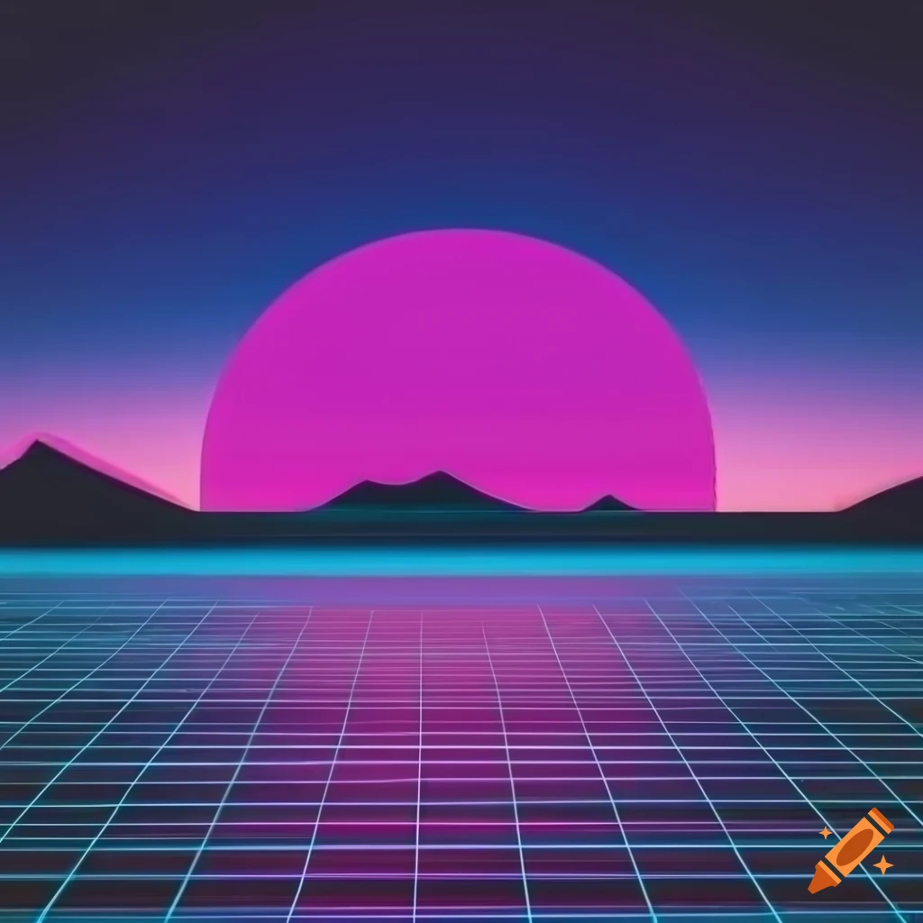80's synthwave landscape with a blue neon grid in the foreground, neon grid mountain range in ...