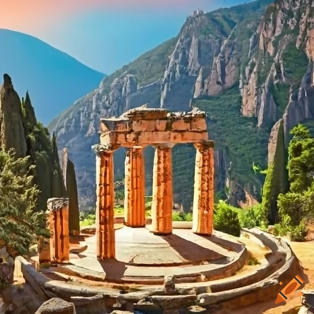 The ancient delphi temple ruins in greece in summer