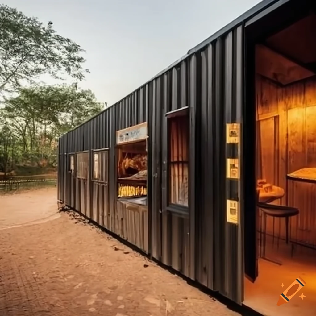 A modern container bakery with open doors in africa on Craiyon