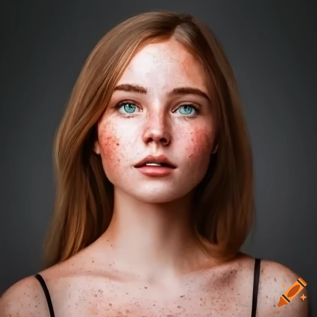Beautiful young woman shoulder-length hair very light freckles on Craiyon