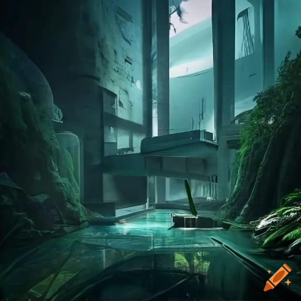 Futuristic concrete building embedded in a dark jungle