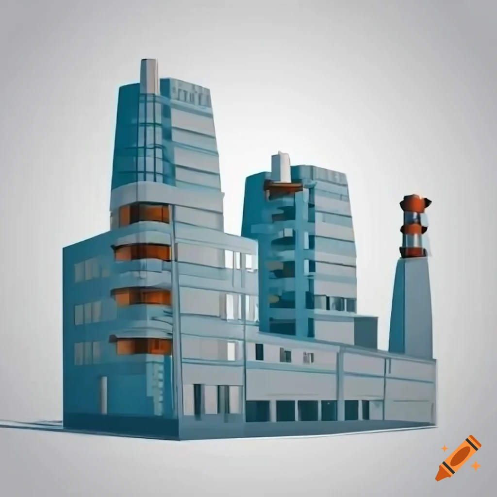In factory building, animated, white background