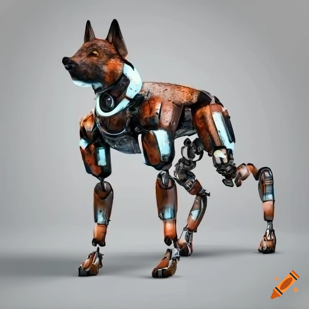 Heroic robot alsatian dog, full body action pose, rusty tail, realistic ...