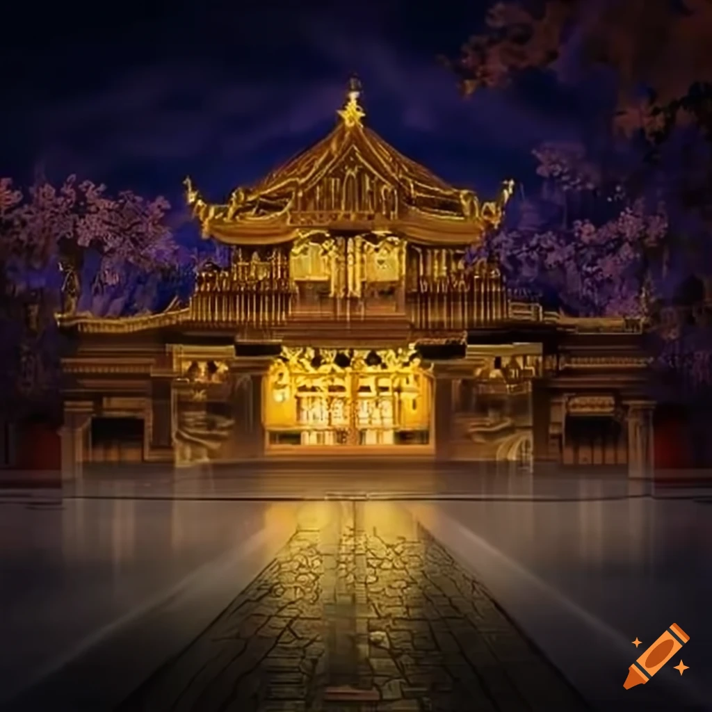 Anime-style palace with golden details and glowing lights at night ...