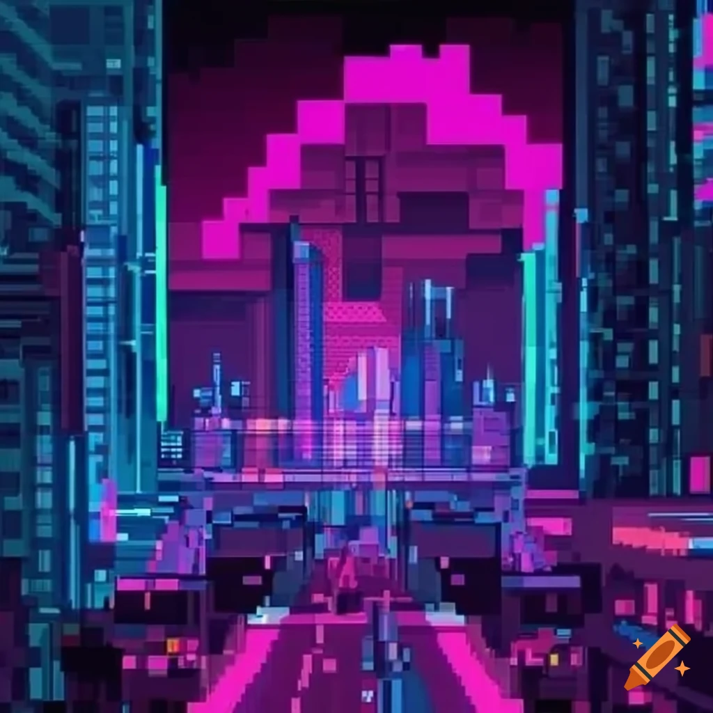 A futuristic neon city in pixel art style spirte multiple pose