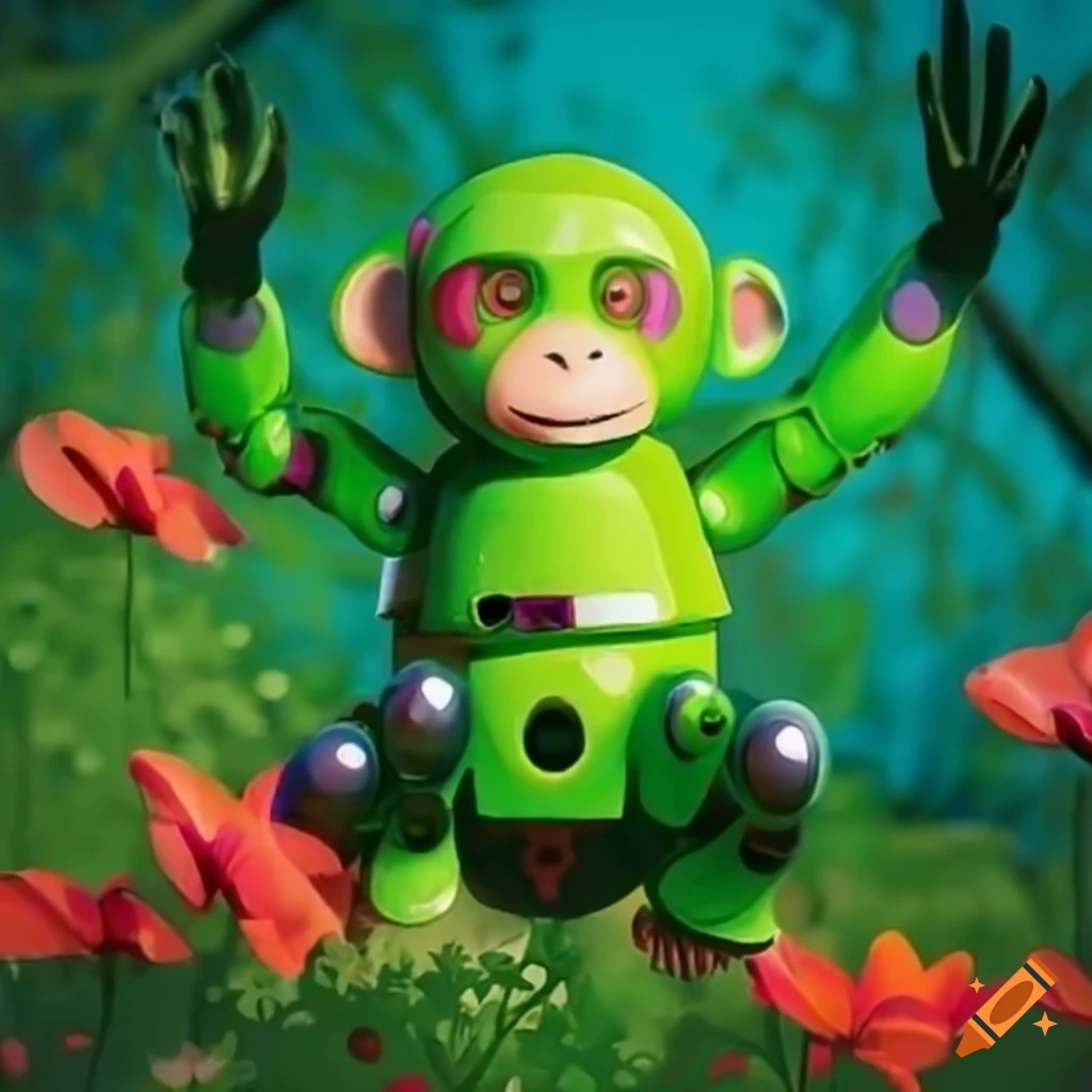 Green robot monkey in sunny garden with flowers