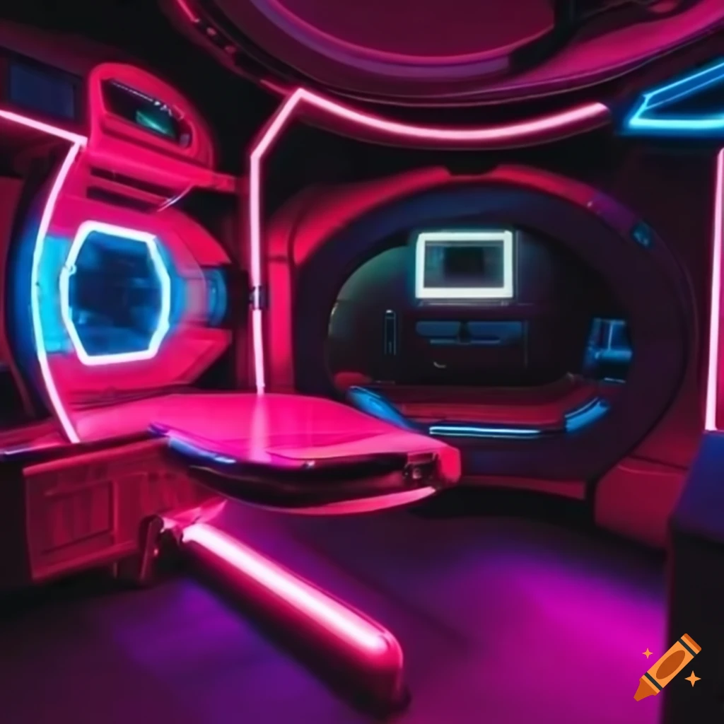 Starship interior workstation; neon lights on Craiyon