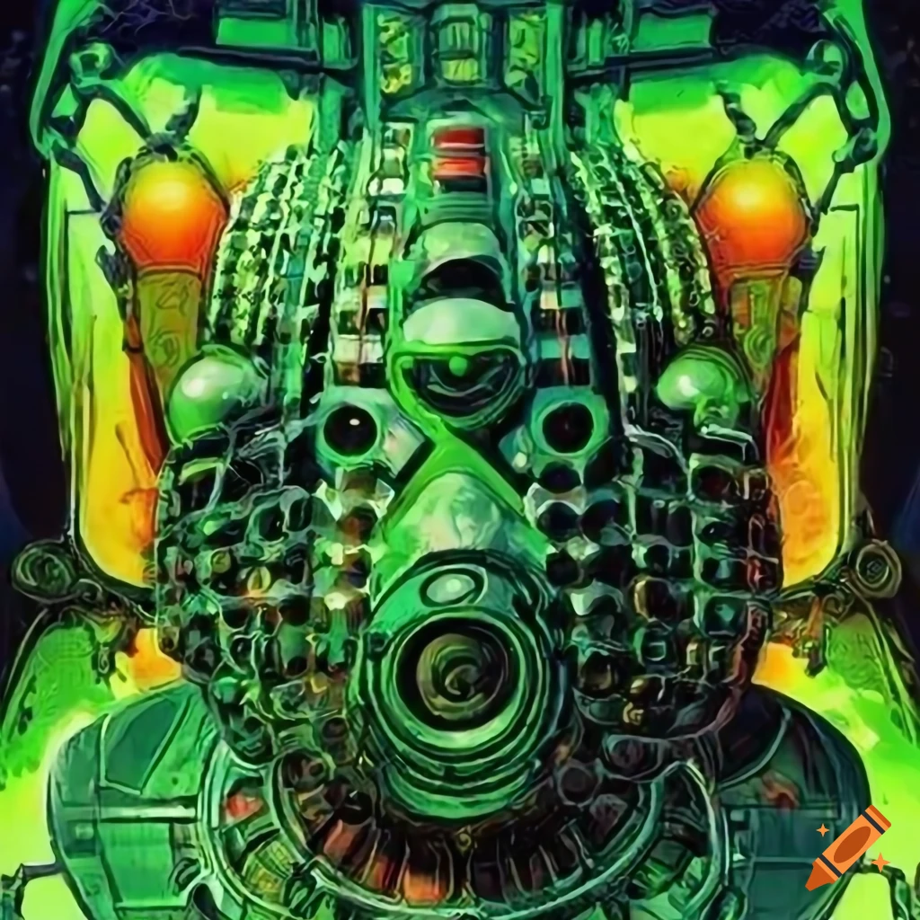 70s sci fi machine green art on Craiyon