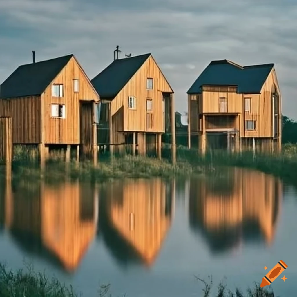 Modern timber terraced houses on stilts in an English wetland in summer ...