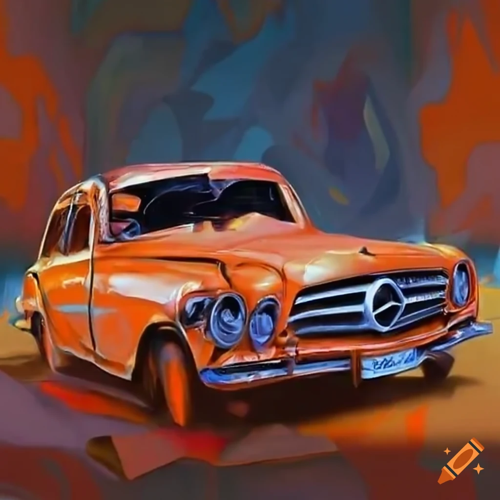 Wrecked orange mercedes cyber on Craiyon