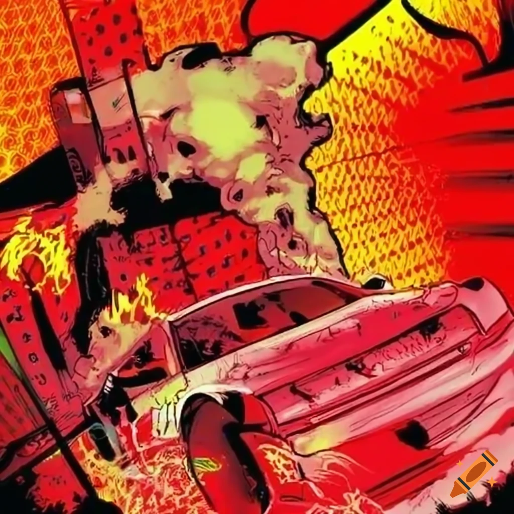 A comic book page, in a pop art style and using mostly reds and yellows ...