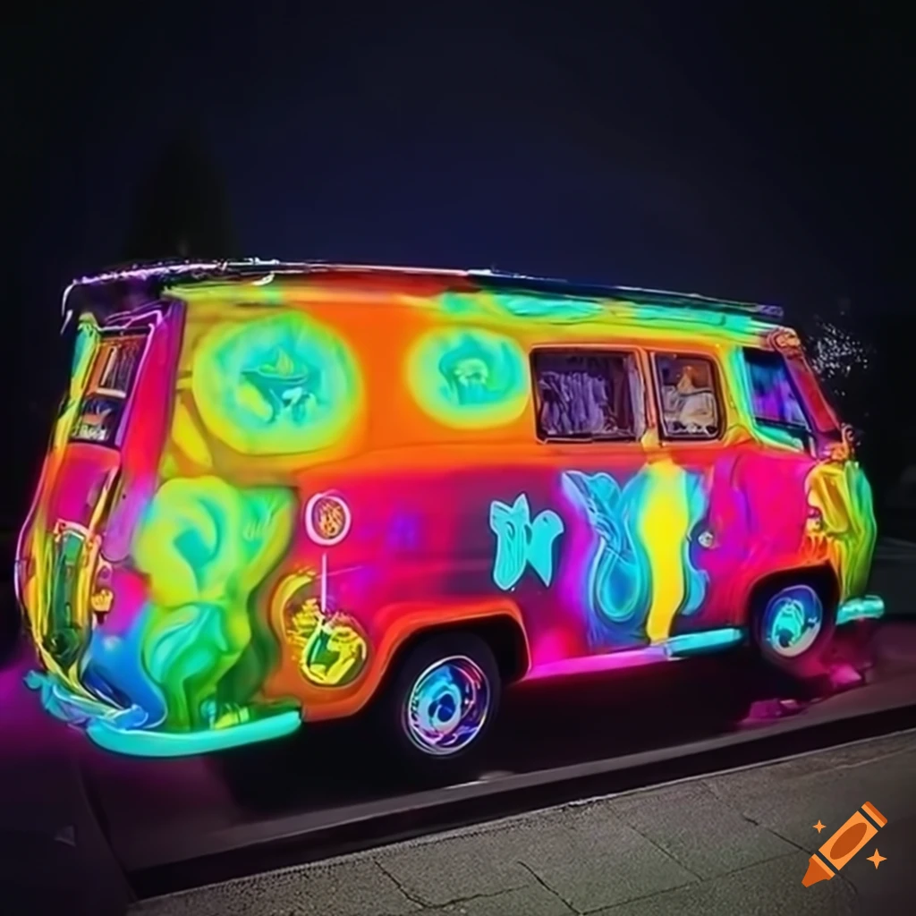 Vibrant 70s inspired van covered in funky neon lights and murals on Craiyon