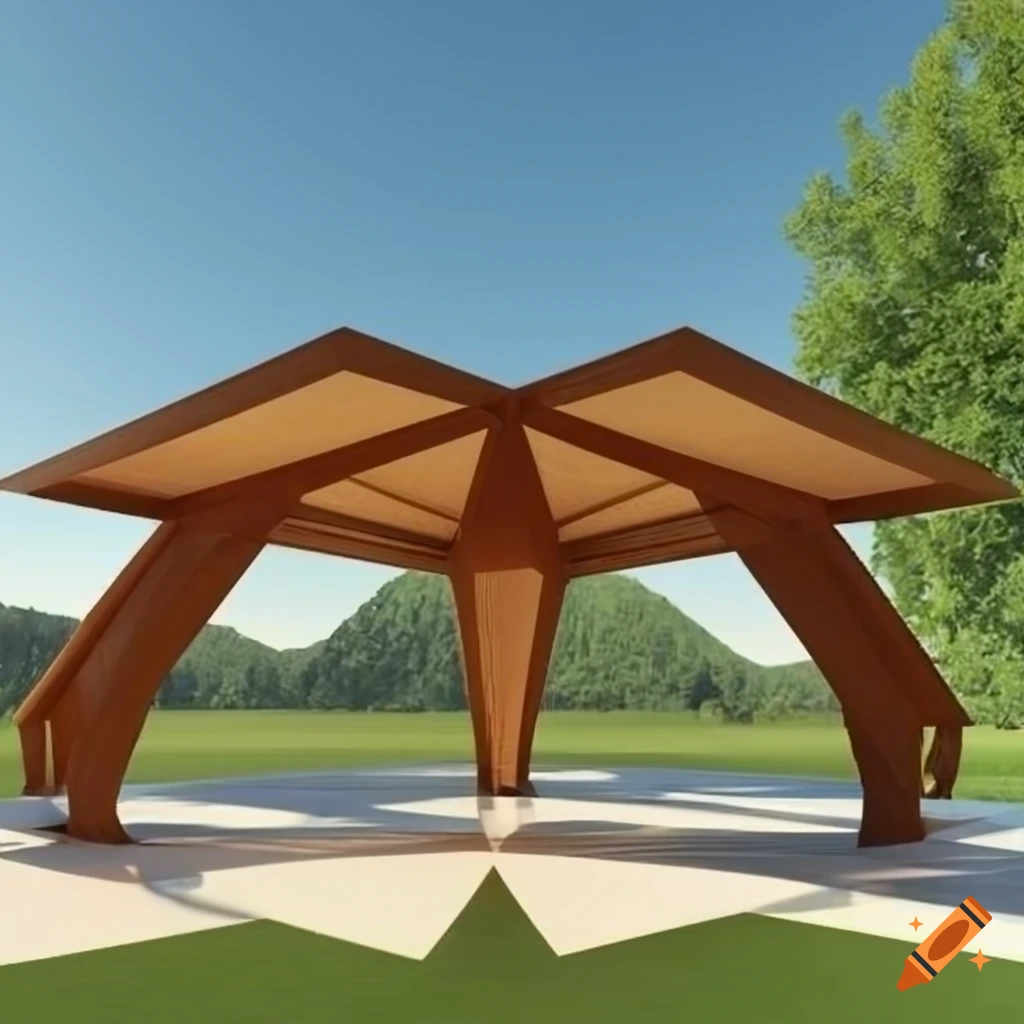 Cubist inspired gazebo with clean lines and geometric shapes, 3d hyperralistic render, landscape ...