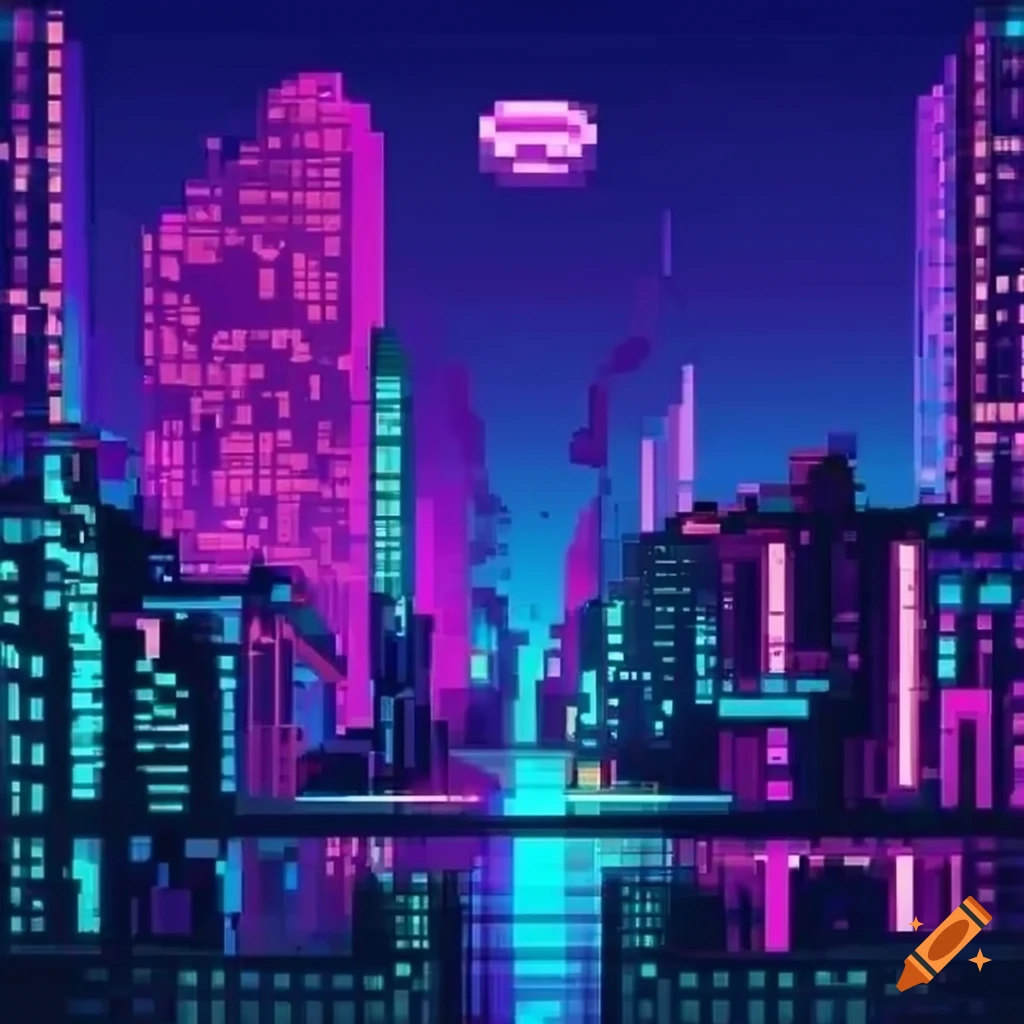 A futuristic neon city in pixel art style spirte multiple pose