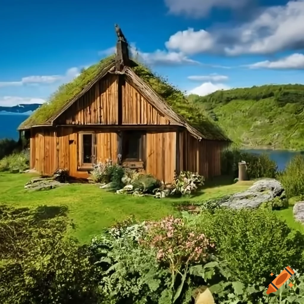 A large Modern viking house made by timber, turfed roof and large ...