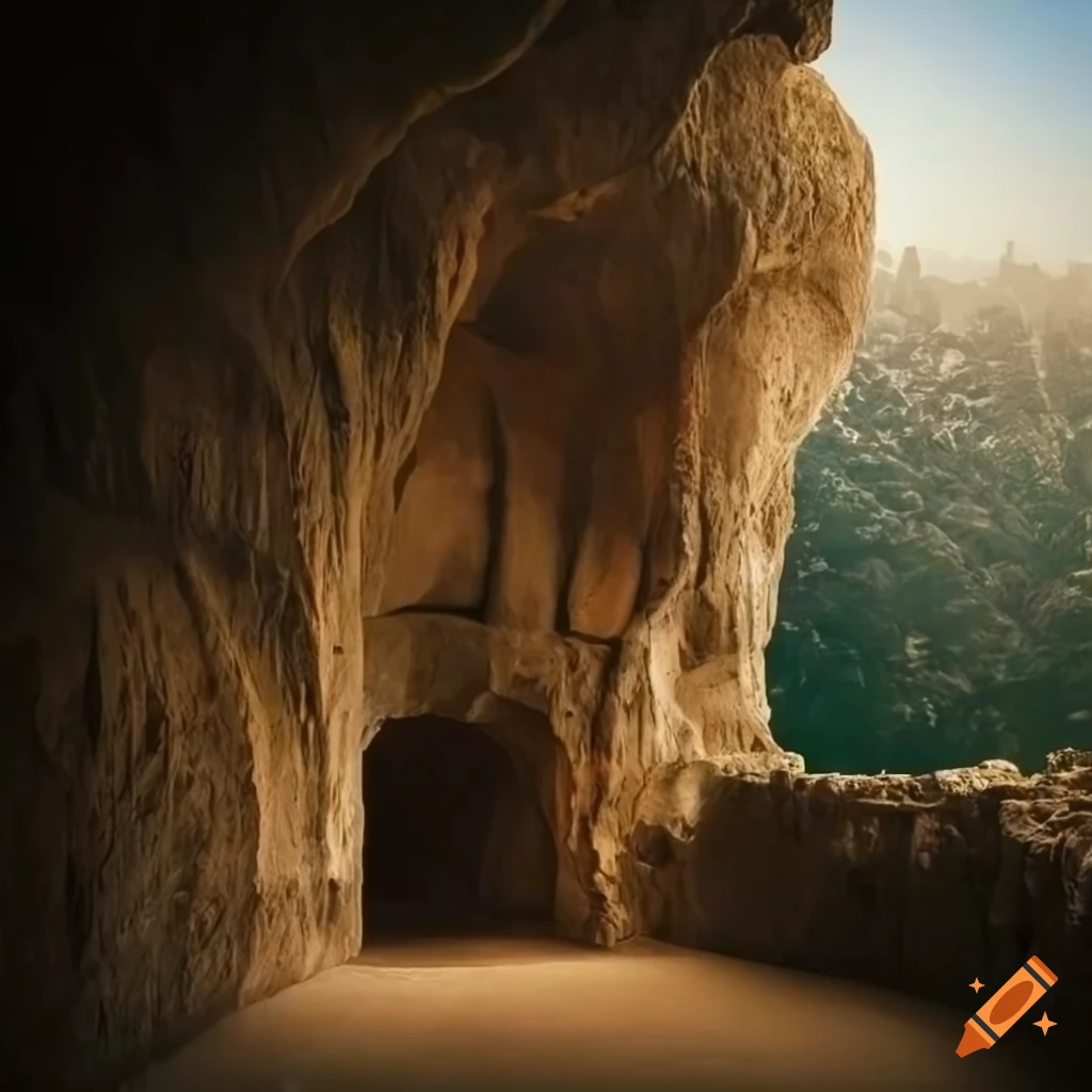Cave carved into the side of a mountain, entrance to crypt. Outside on ...